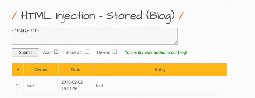 HTML Injection -Stored (Blog) · Teck_k2